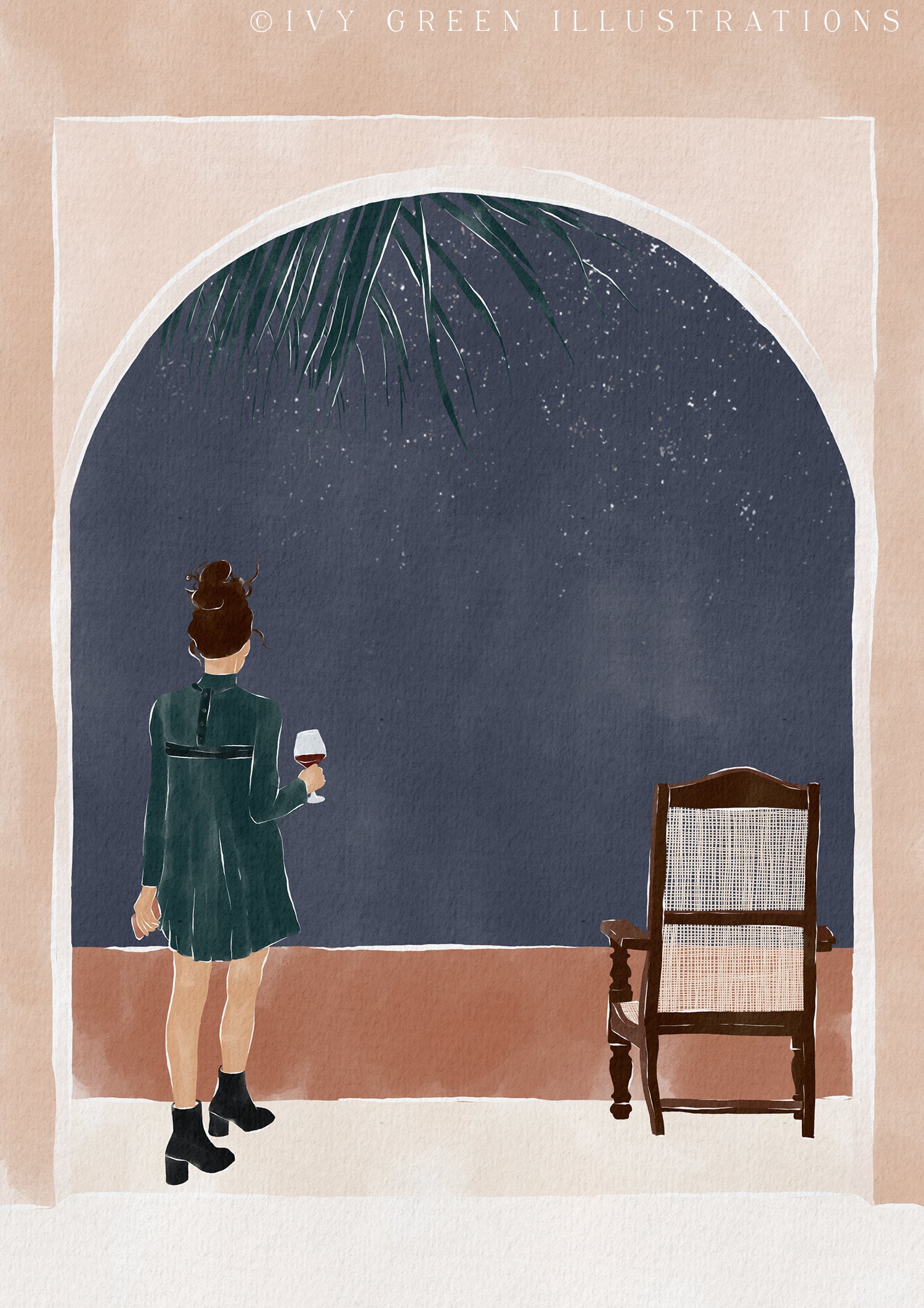 Starry night sky print Woman with wine poster Navy blue | Etsy