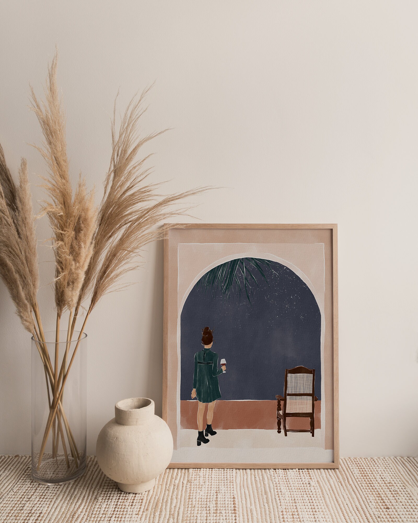 Starry night sky print Woman with wine poster Navy blue | Etsy