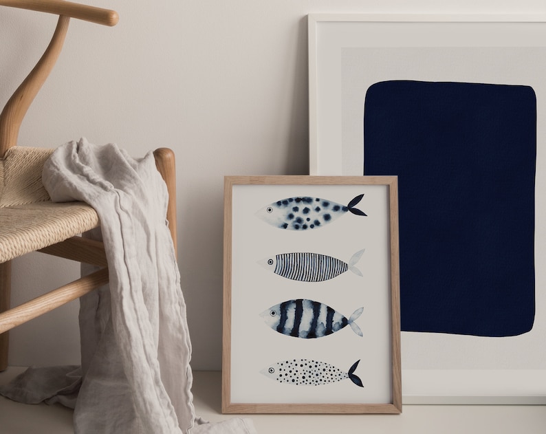Fish Painting Navy Blue Wall Art Watercolor Fish For | Etsy