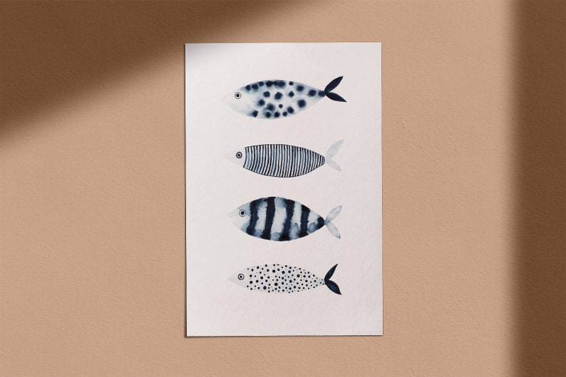 Fish Painting Navy Blue Wall Art Watercolor Fish for - Etsy