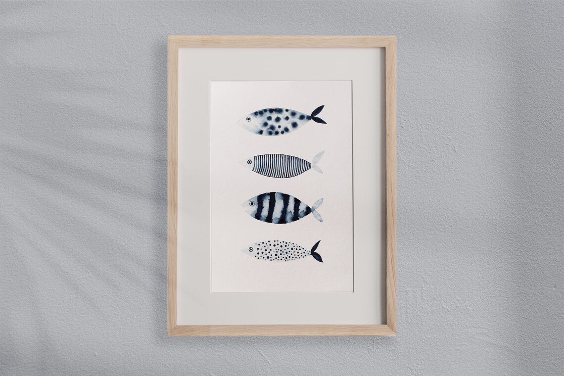 Fish Painting Navy Blue Wall Art Watercolor Fish For | Etsy