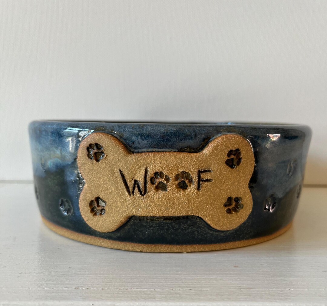 Blue Glazed Dog Dish: Paw Print Ceramic Pet Bowl - Etsy