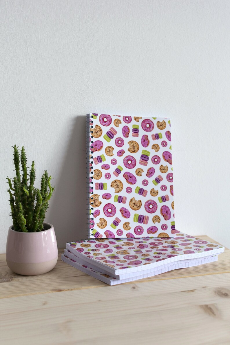 Pastries Notebook | Realistic Handmade Illustration | Macaron | Chocolate Chip Cookie | Pink ...
