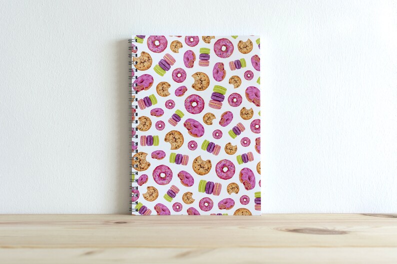 Pastries Notebook | Realistic Handmade Illustration | Macaron | Chocolate Chip Cookie | Pink ...