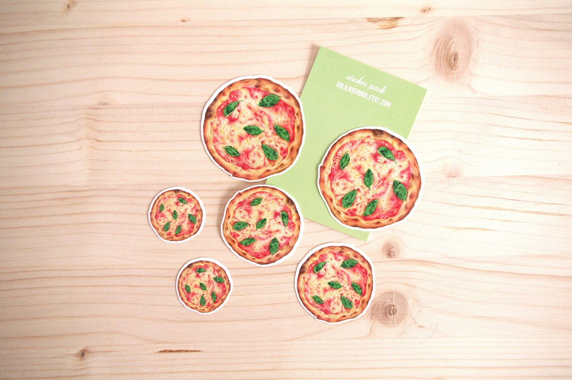 Margherita Pizza Sticker Pack 3 Sizes Fast Food Realistic Illustration ...