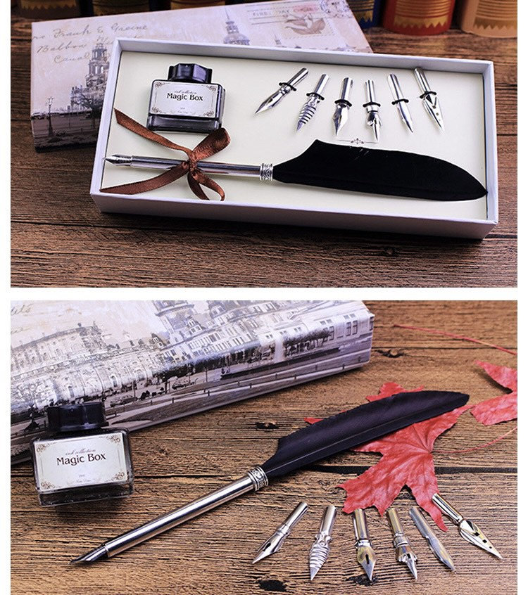 Black Quill Pen Set, Goose Feather Quill Pen With 6 Different Shaped ...