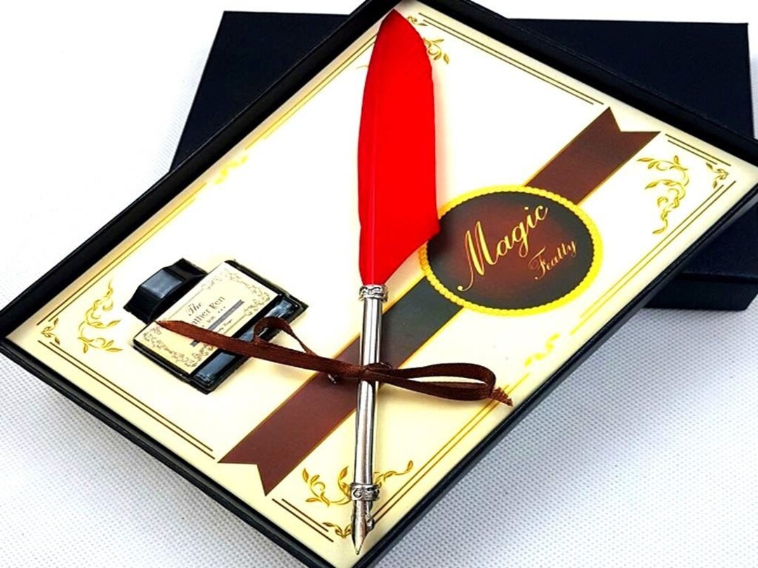 Red Goose Feather Quill Pen With Gift Box Ink Bottle Without Ink - Etsy