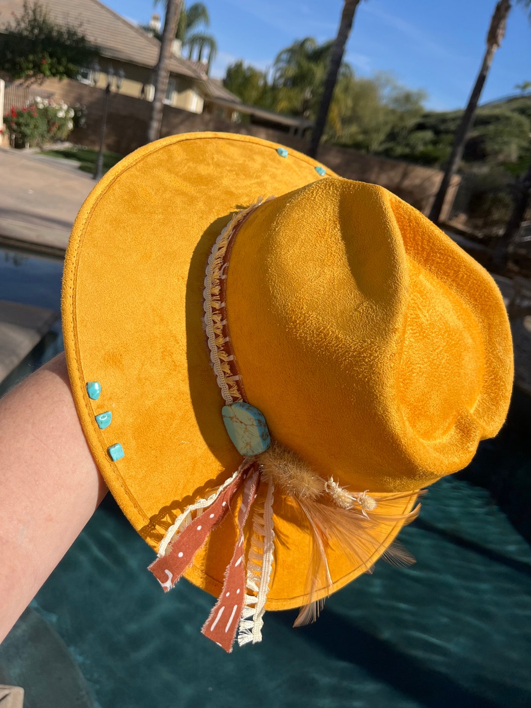 Custom Made Velvet Mustard Yellow Fedora Hat With Heart Shaped Crown ...
