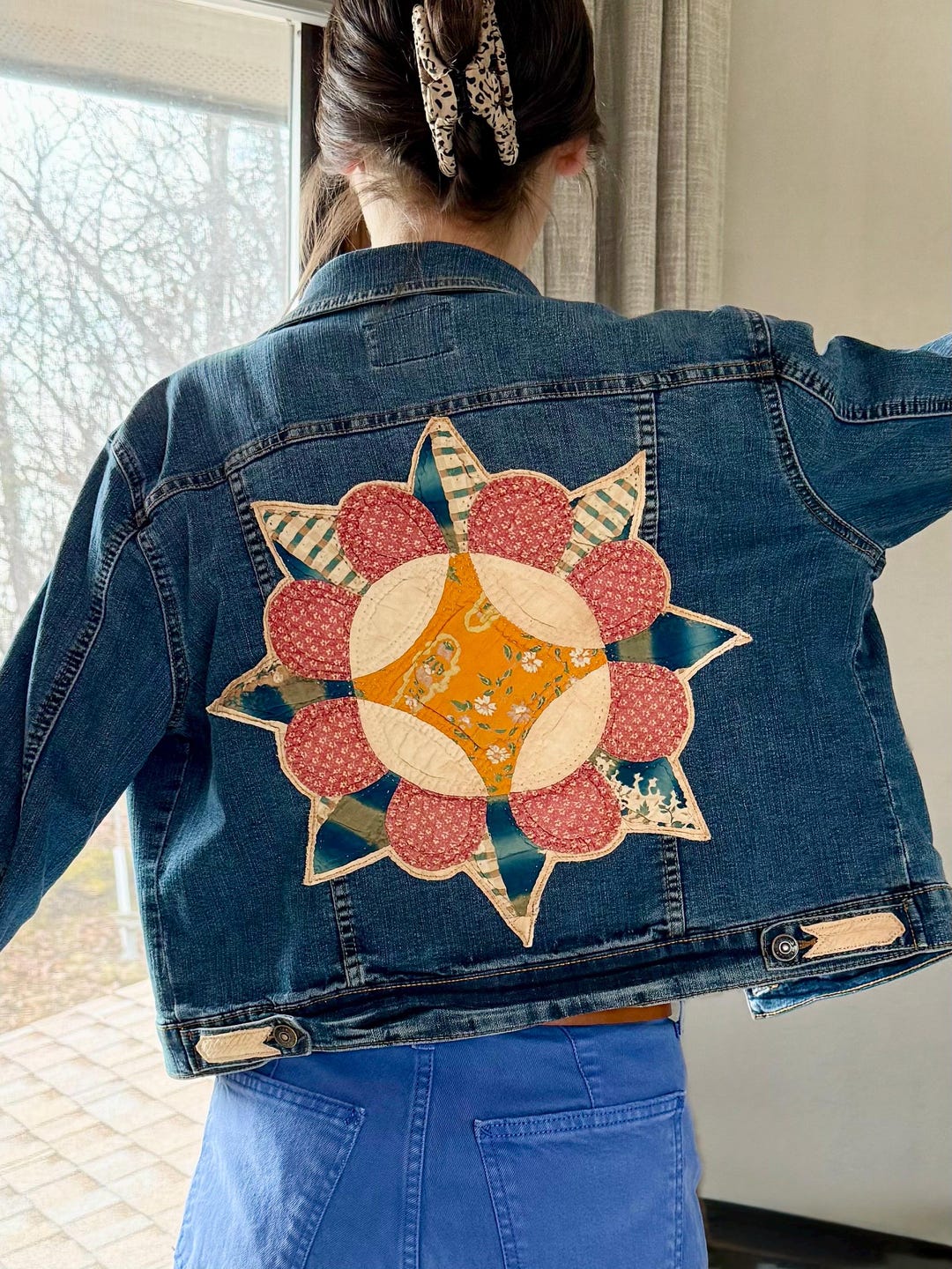 Denim Jean Jacket With Vintage Quilt Embellishment | Upcycled Vintage ...