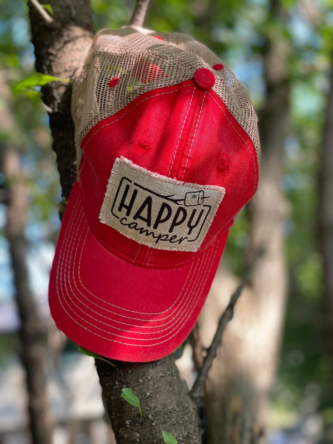Happy Camper Hat | Smores, Patch Hat, Red, Camping, Camp Hat, Camping ...