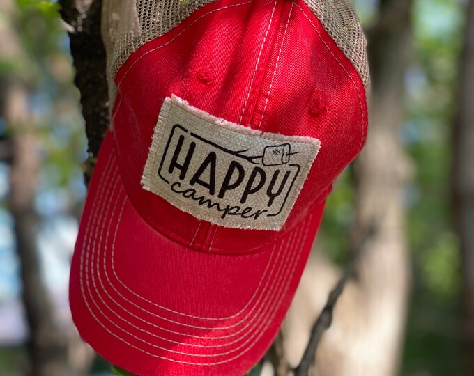Happy Camper Hat | Smores, Patch Hat, Red, Camping, Camp Hat, Camping ...