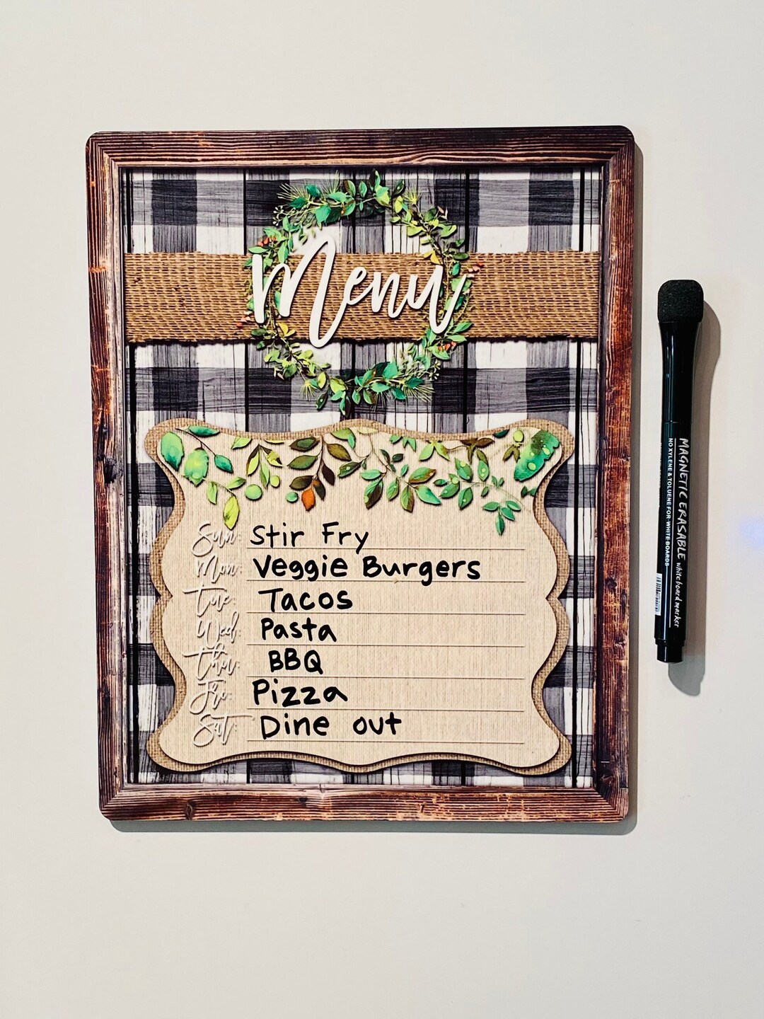 Dry Erase Menu Board Buffalo Plaid Farmhouse Country Rustic Wood Burlap ...