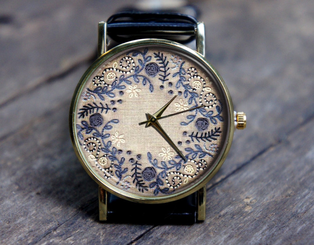 Unisex, Men’s and Women’s Wrist Watch, Embroidery Effect Flower and ...