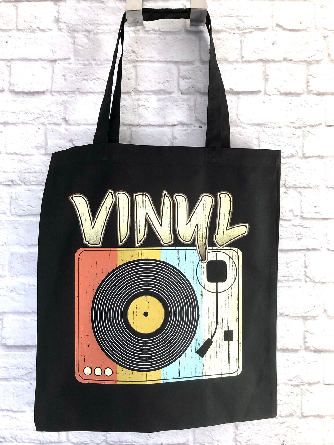 Record Player Tote Bag, Retro & Vintage Turntable Design Organic Cotton ...