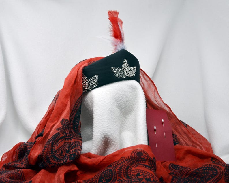 SCA Ducal Regalia Women's Persian Style Taj Diadem Black Silk Silver ...