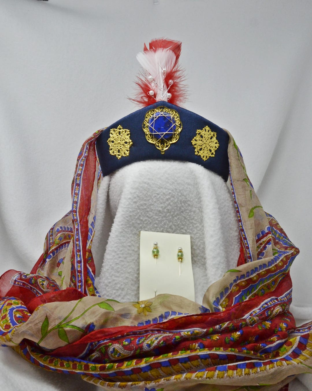 Blue Faux Silk Women's Persian Style Taj Diadem. Gold Filigree Ornament ...