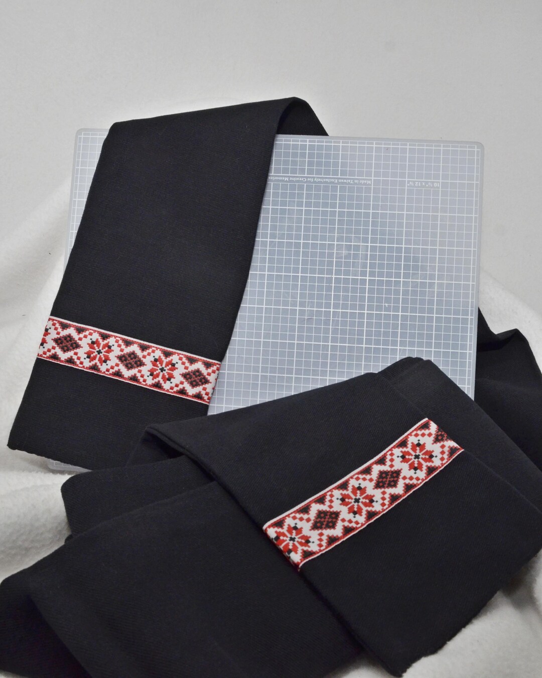 Black Cotton Twill Sash Red White Geometric Trim. Unisex Adjustable ...