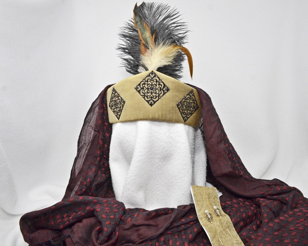 Gold Silk Women's Persian Style Taj Diadem. Black Enameled Filigree ...