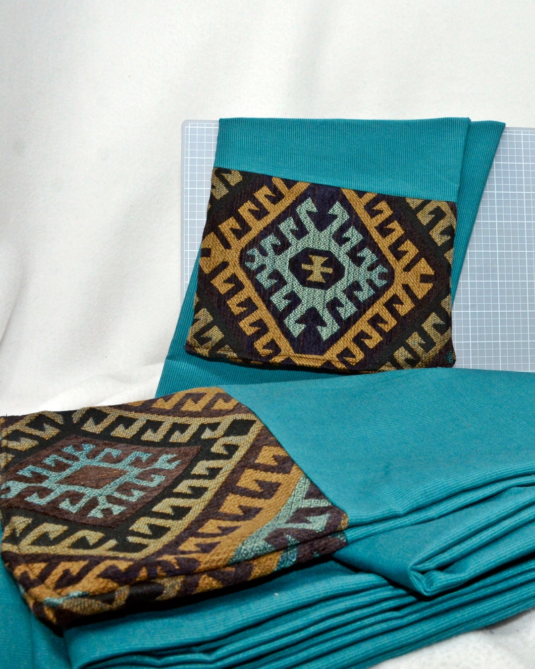Wide Turquoise Sash W Blue and Gold Geometric Brocade Trim. Unisex ...