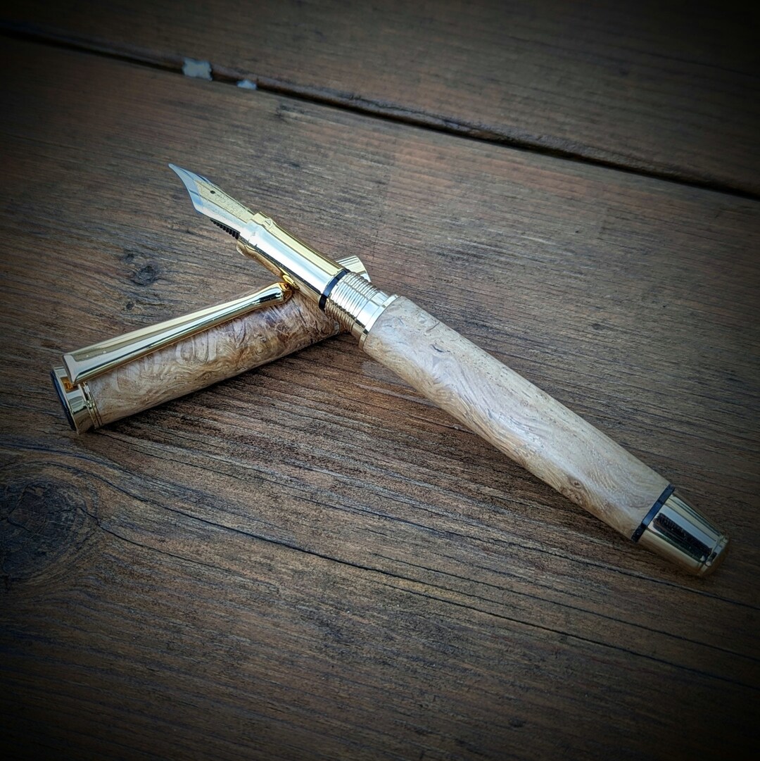 Handmade Oak Burr Fountain Rollerball Pen - Gold Fittings Black Accents ...