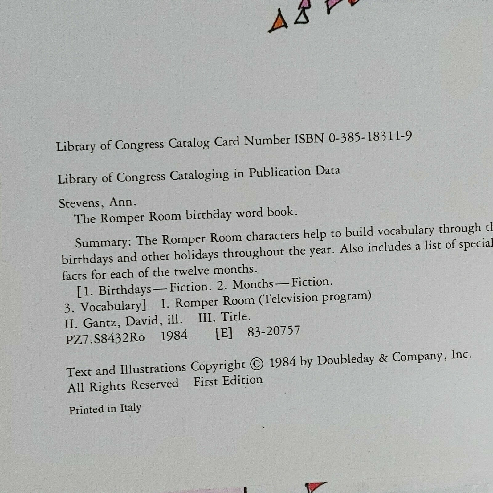 The Romper Room Birthday Word Book, Ann Stevens, David Gantz, 1st ...