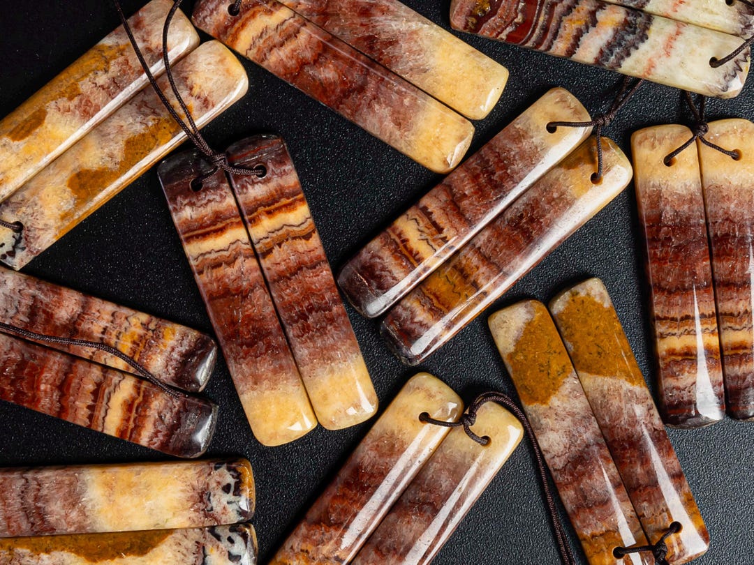 Flesh Banded Calcite Pork Stone Earring Pair-rectangle Landscape Jasper ...