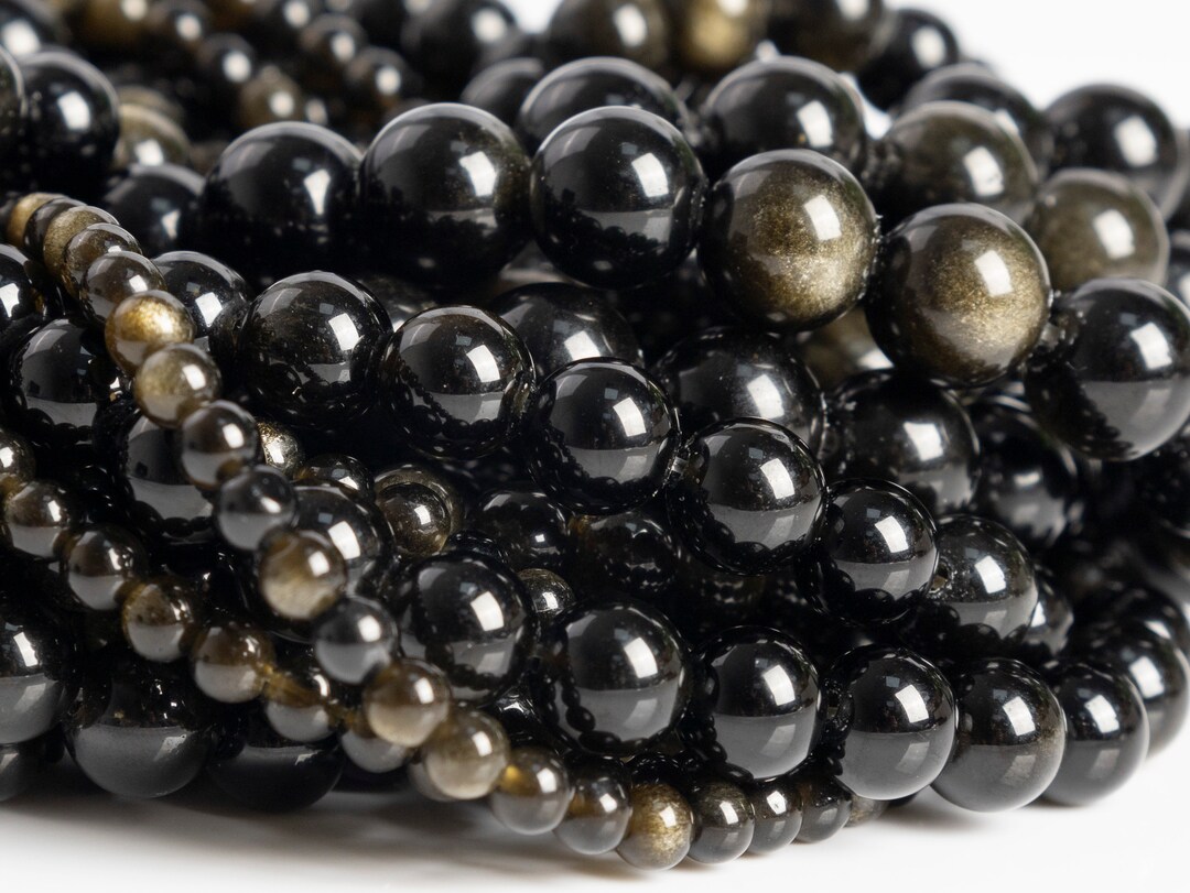 Genuine Natural Chatoyant Black Golden Obsidian Loose Beads Round Shape ...