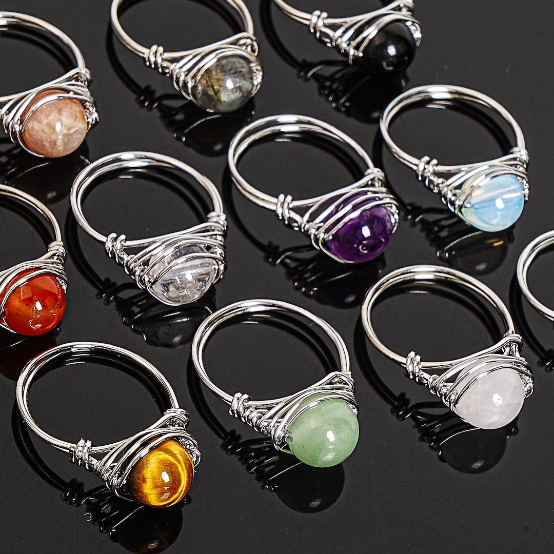 8MM Nature Mixed Crystal Ring,silver Wire Wrapped Gemstone Ring ...