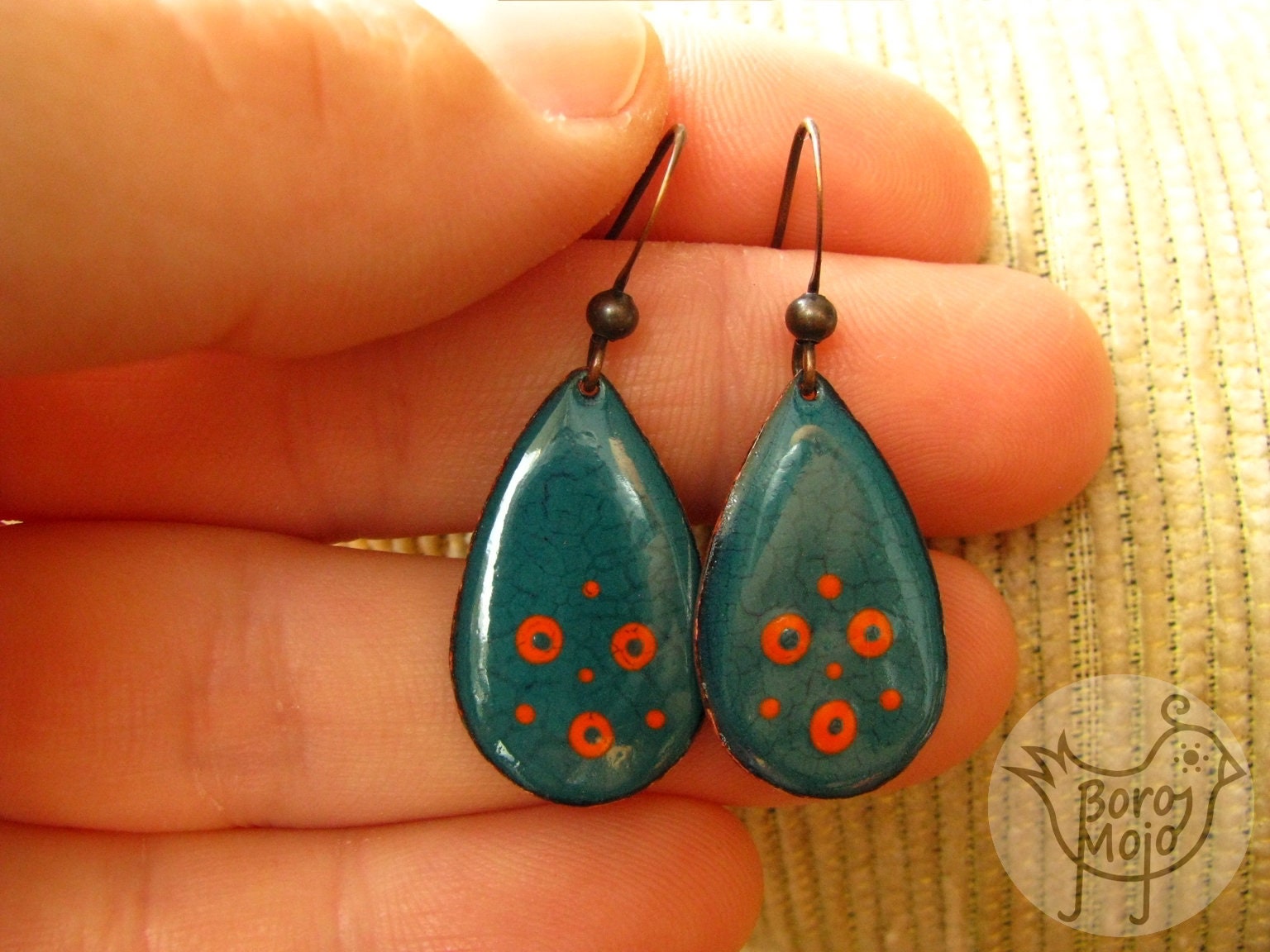 Drop Shape Turquoise Orange Dotted Copper Enamel Earrings - Natural ...