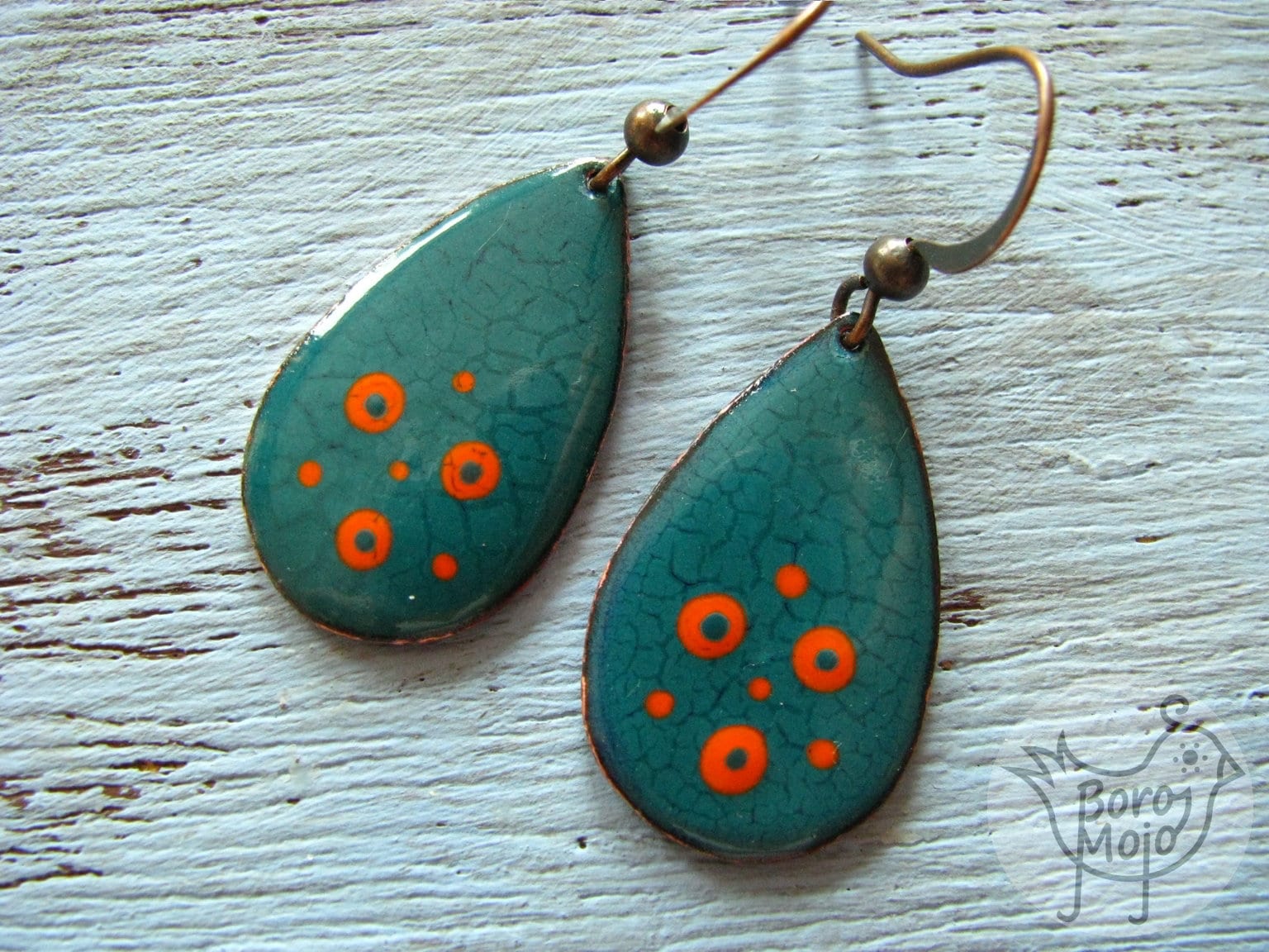 Drop Shape Turquoise Orange Dotted Copper Enamel Earrings - Natural ...