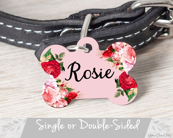 Rose Dog Tag Personalized Dog Tag for Dog Pink Flower Pet ID - Etsy