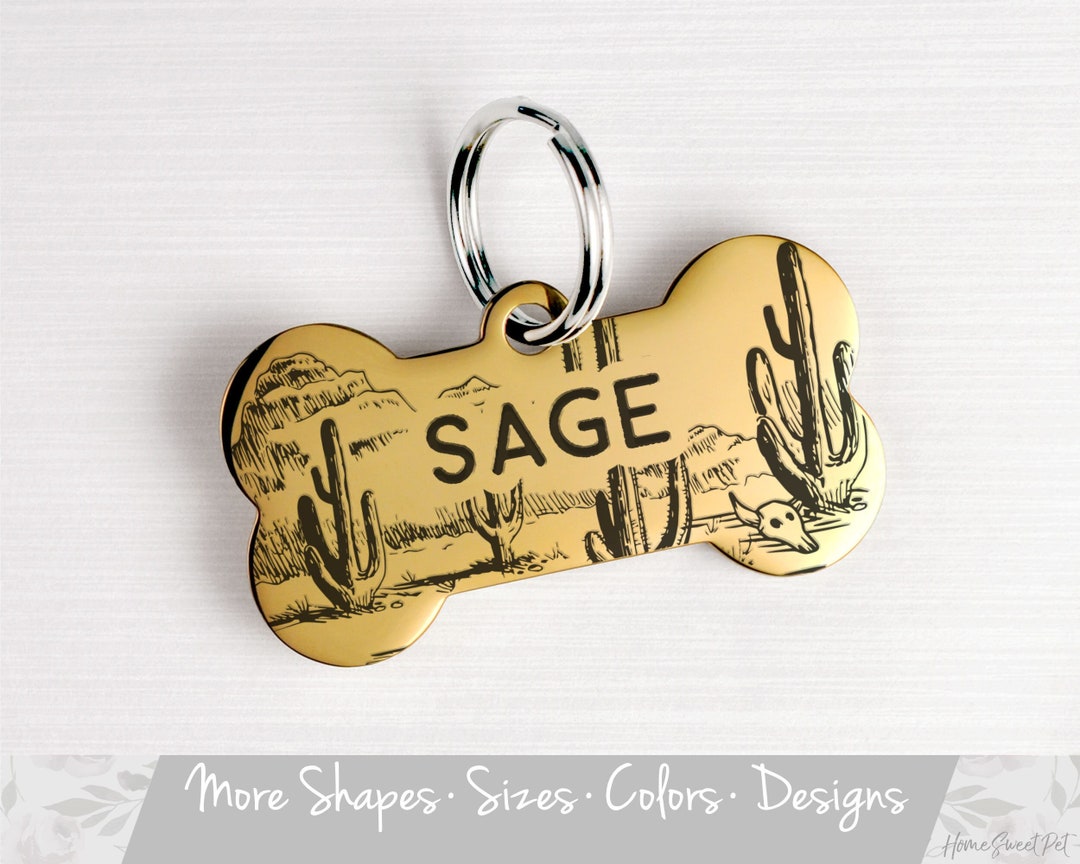 Desert Dog Tag, Engraved Pet ID Tag, Personalized Pet Name Tag, Cactus ...