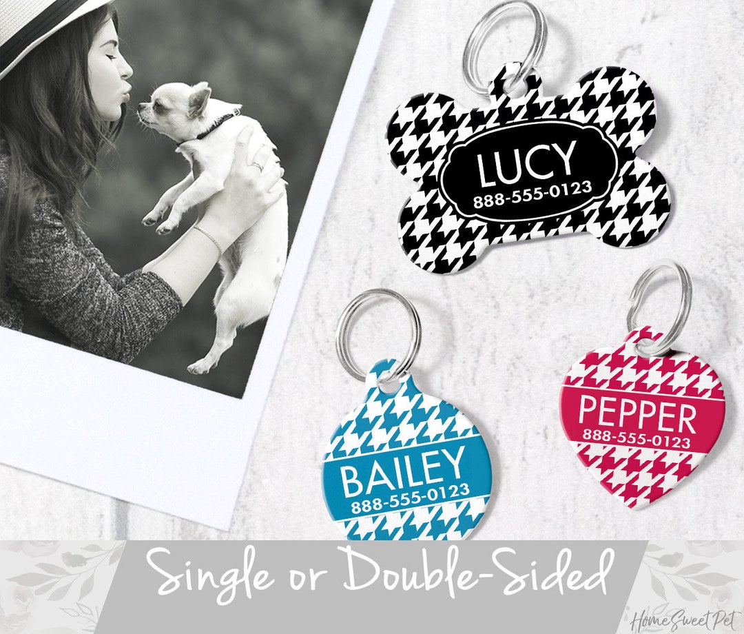 Custom Pet Tag, Double Sided Pet Tag, Cat Pet Tag Heart, Houndstooth ...