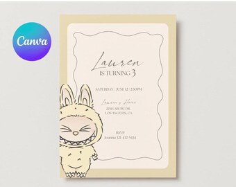 Pink Labubu Inspired Birthday Banner Template | Cute Monster Banner ...