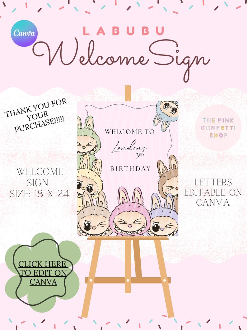 Labubu Inspired Welcome Sign Canva Template | Printable Party Sign ...