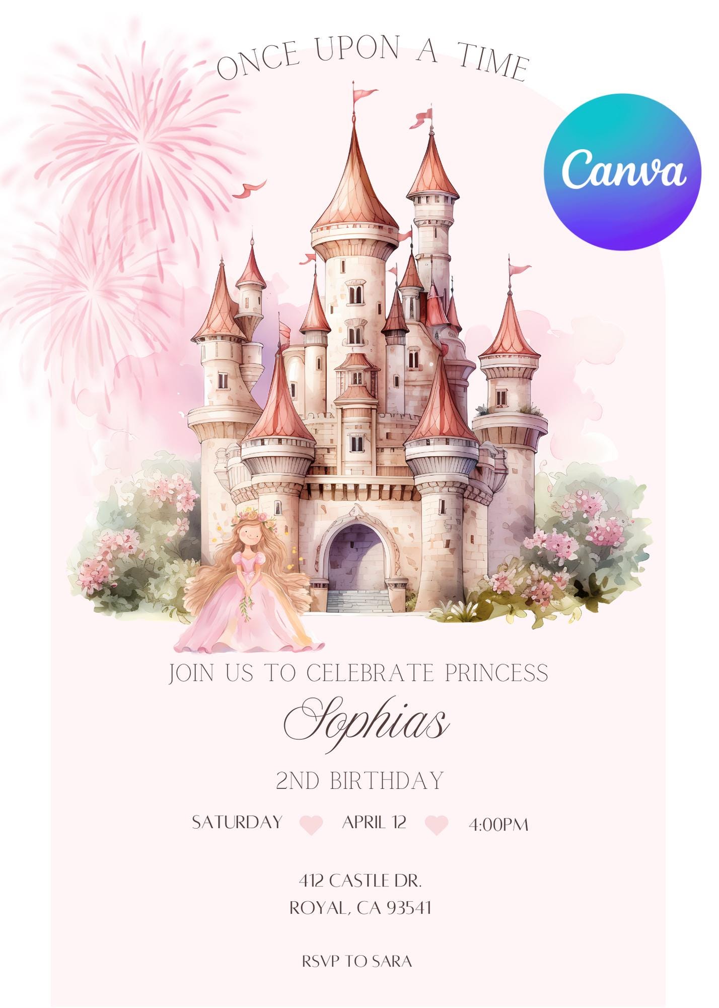 Princess Castle Party Invitation Template Pink | Girls Birthday ...