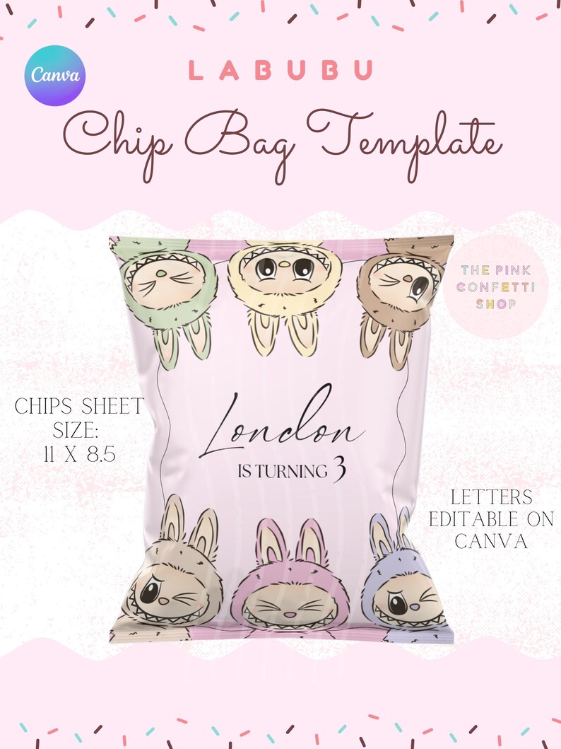 Labubu Inspired Chip Bag Canva Template | Cute Printable Labubu Party ...