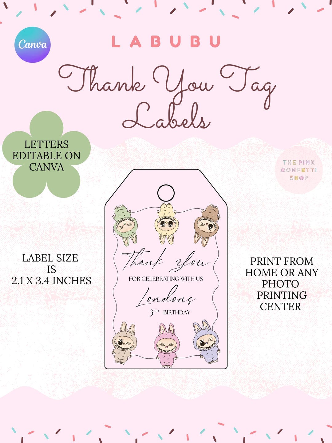Labubu Inspired Theme Birthday Thank You Tags | Cute Monster Labubu ...