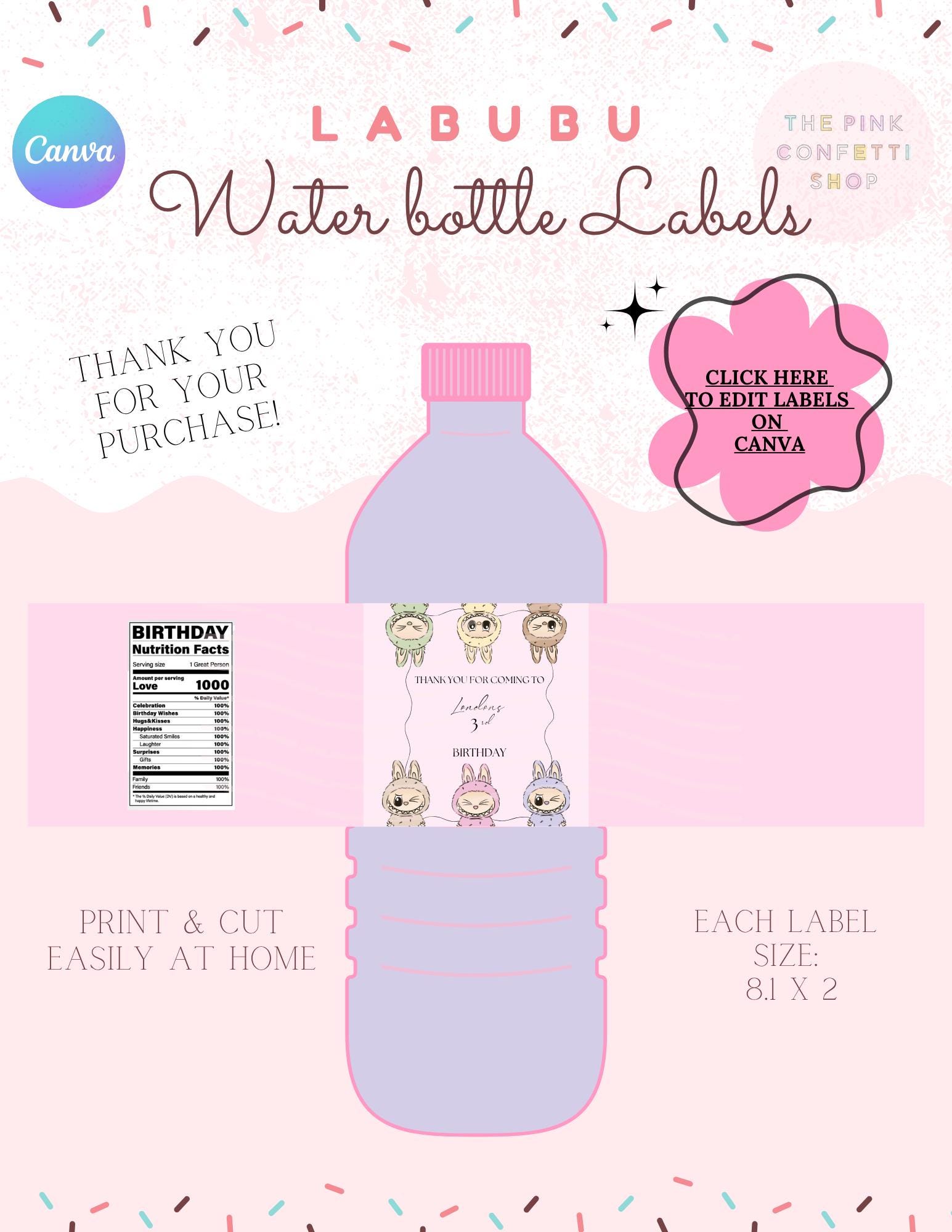 Labubu Inspired Water Bottle Label Template | Canva Editable Designs ...