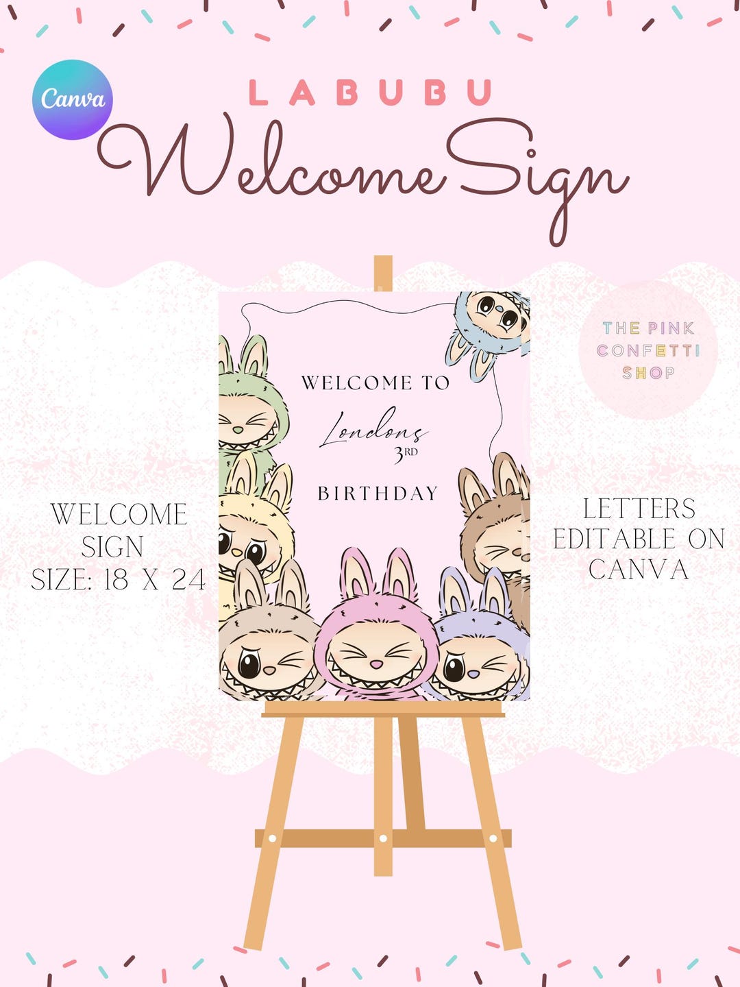 Labubu Inspired Welcome Sign Canva Template | Printable Party Sign ...