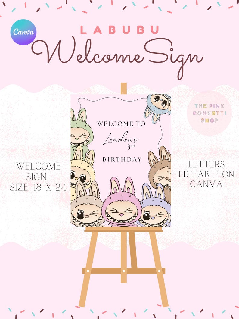 Labubu Inspired Welcome Sign Canva Template | Printable Party Sign ...