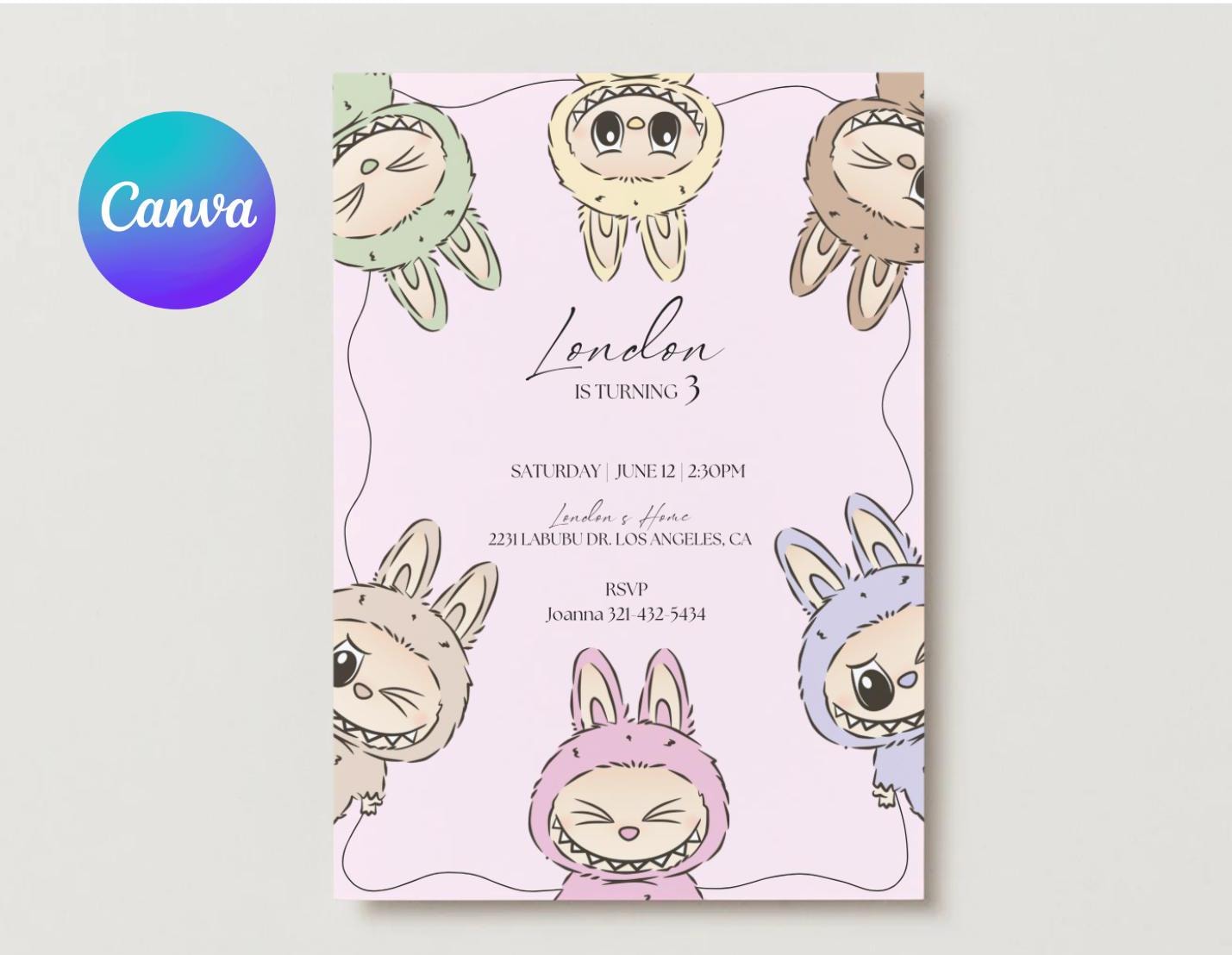 Labubu Theme Birthday Invitation | Cute Monster Labubu Invitation ...