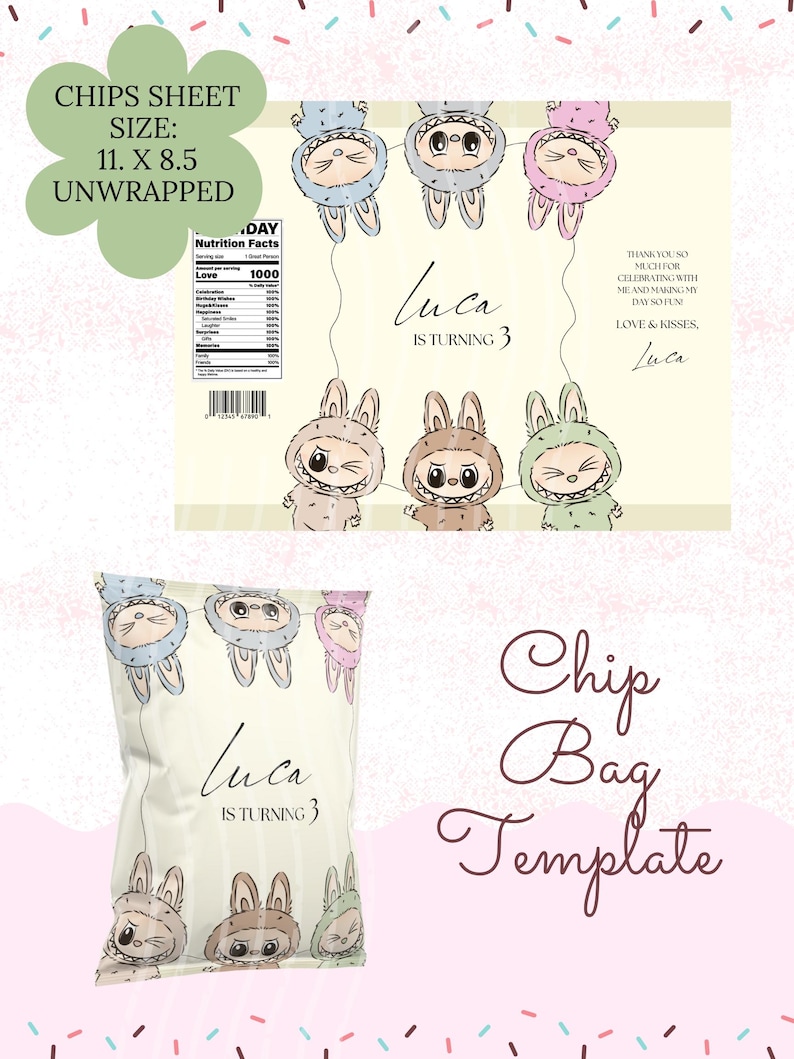 Labubu Chip Bag Canva Template | Printable Labubu Party Favor ...