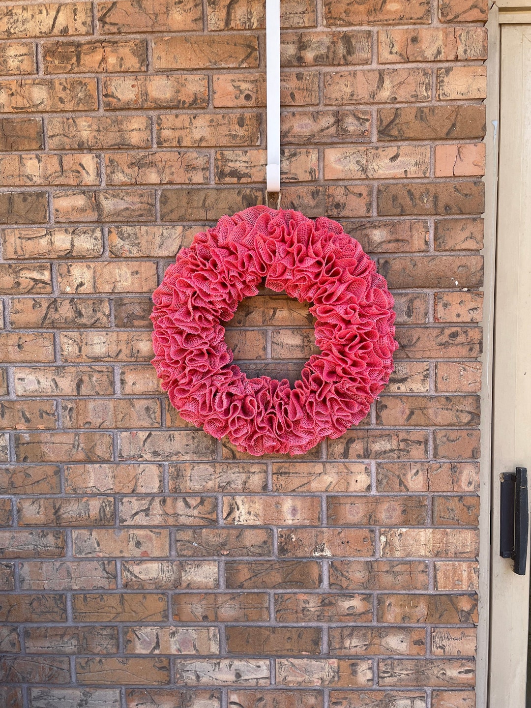 Handcrafted Dark Pink Burlap Wreath With Delicate Ruffles, A Touch of ...