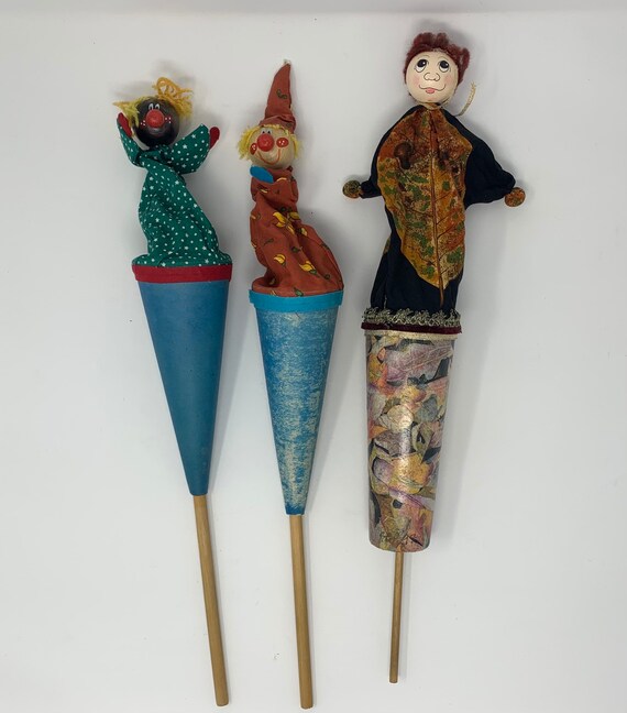Set of 3 Handmade Wooden Fabric Vintage Push Pop Up Puppets Toys ...