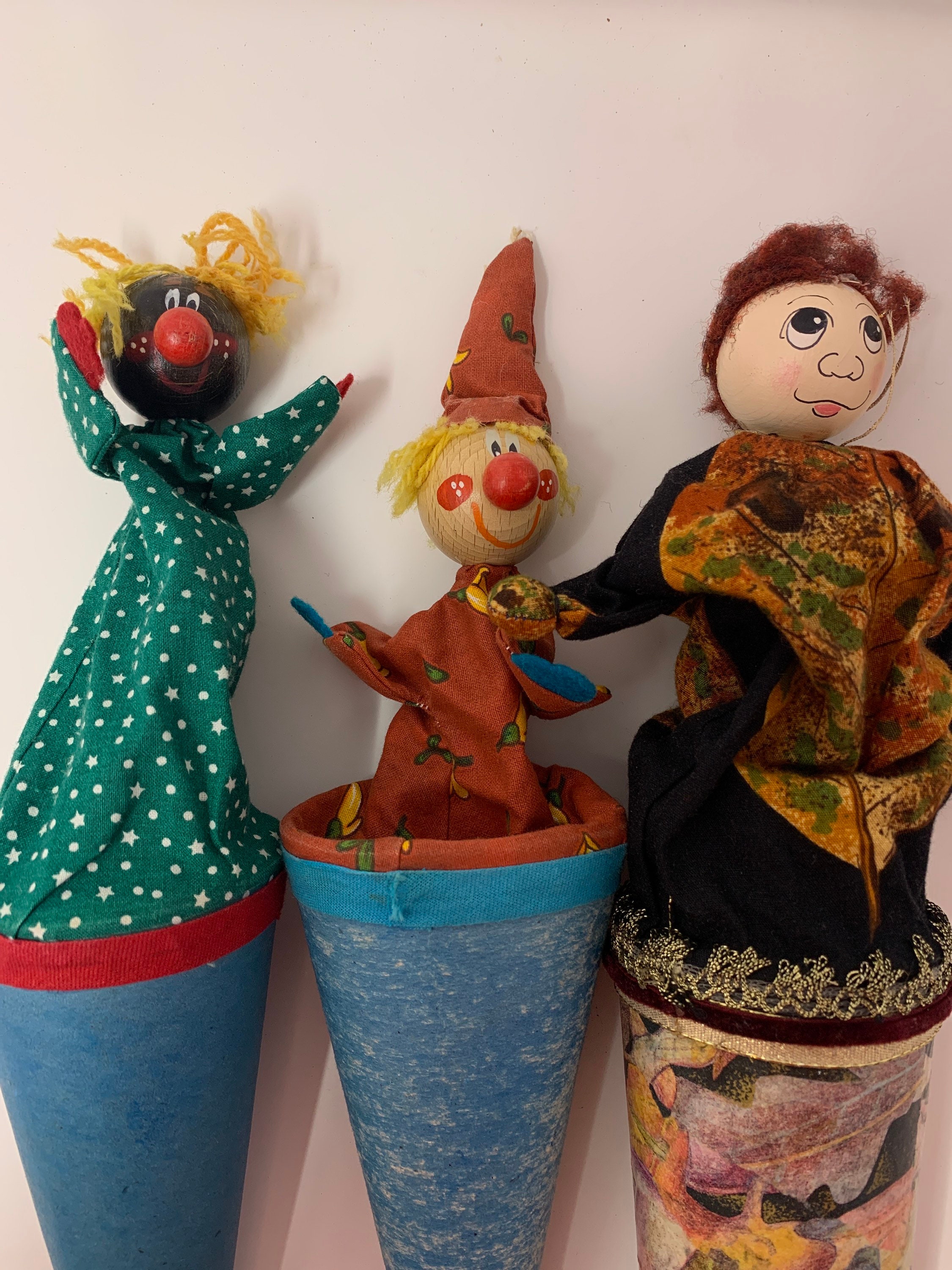 Set of 3 Handmade Wooden Fabric Vintage Push Pop Up Puppets Toys ...
