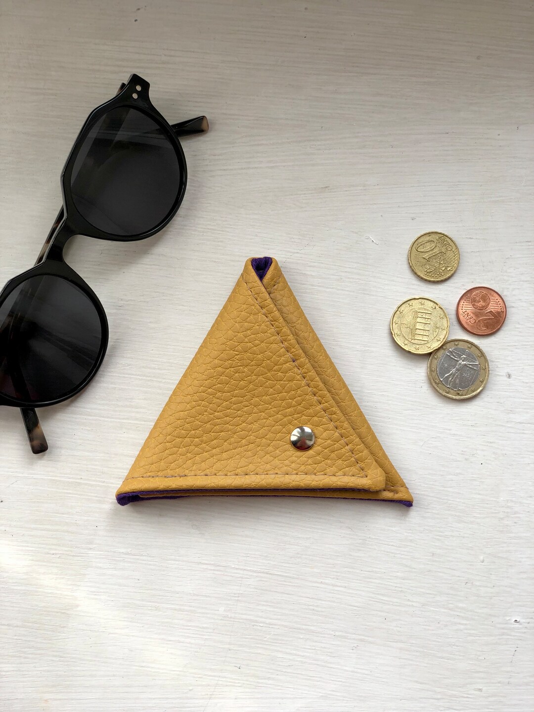 Coin Purse in Mustard Yellow Vegan Leather and Purple Cotton Interior ...