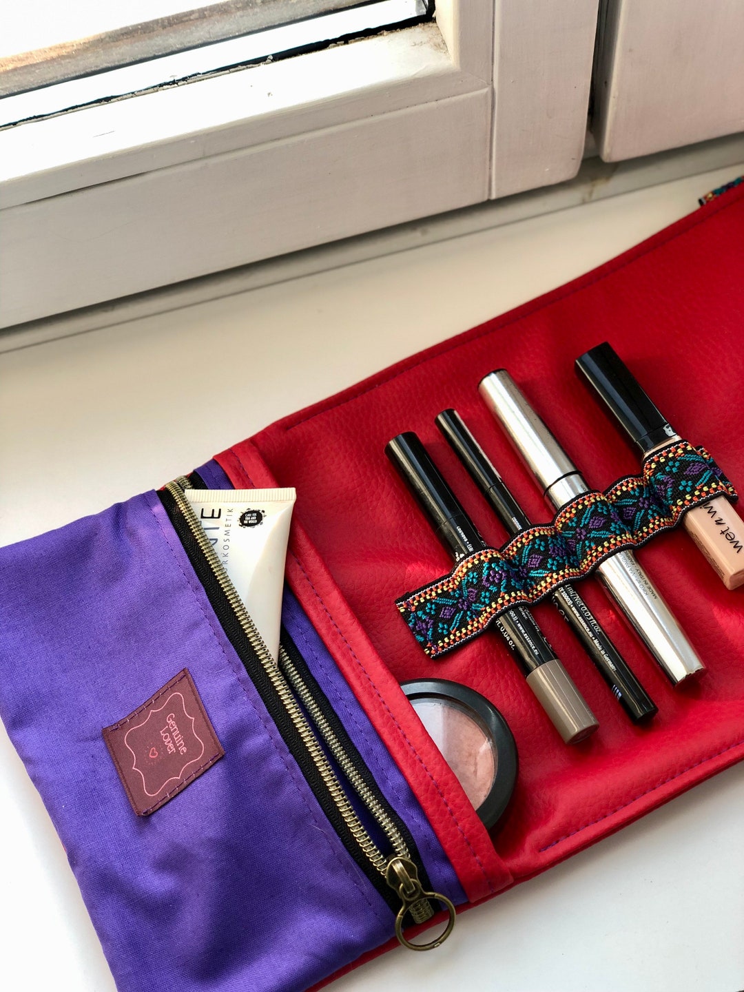 Travel Makeup Case in Ruby Red Vegan Leather and Purple Cotton Interior ...