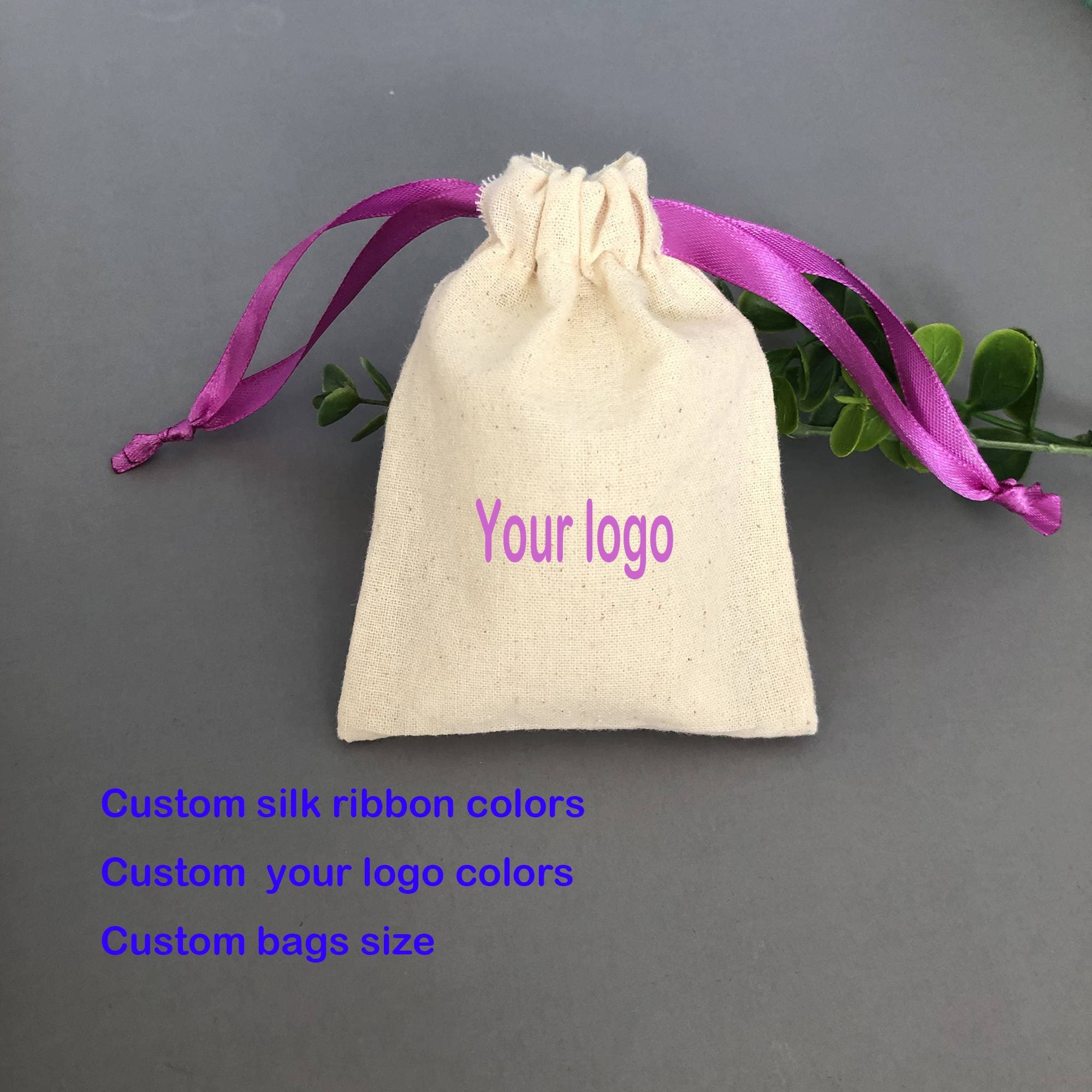 100 Personalized Cotton Jewelry Pouches: Custom Logo Print, Ribbon ...