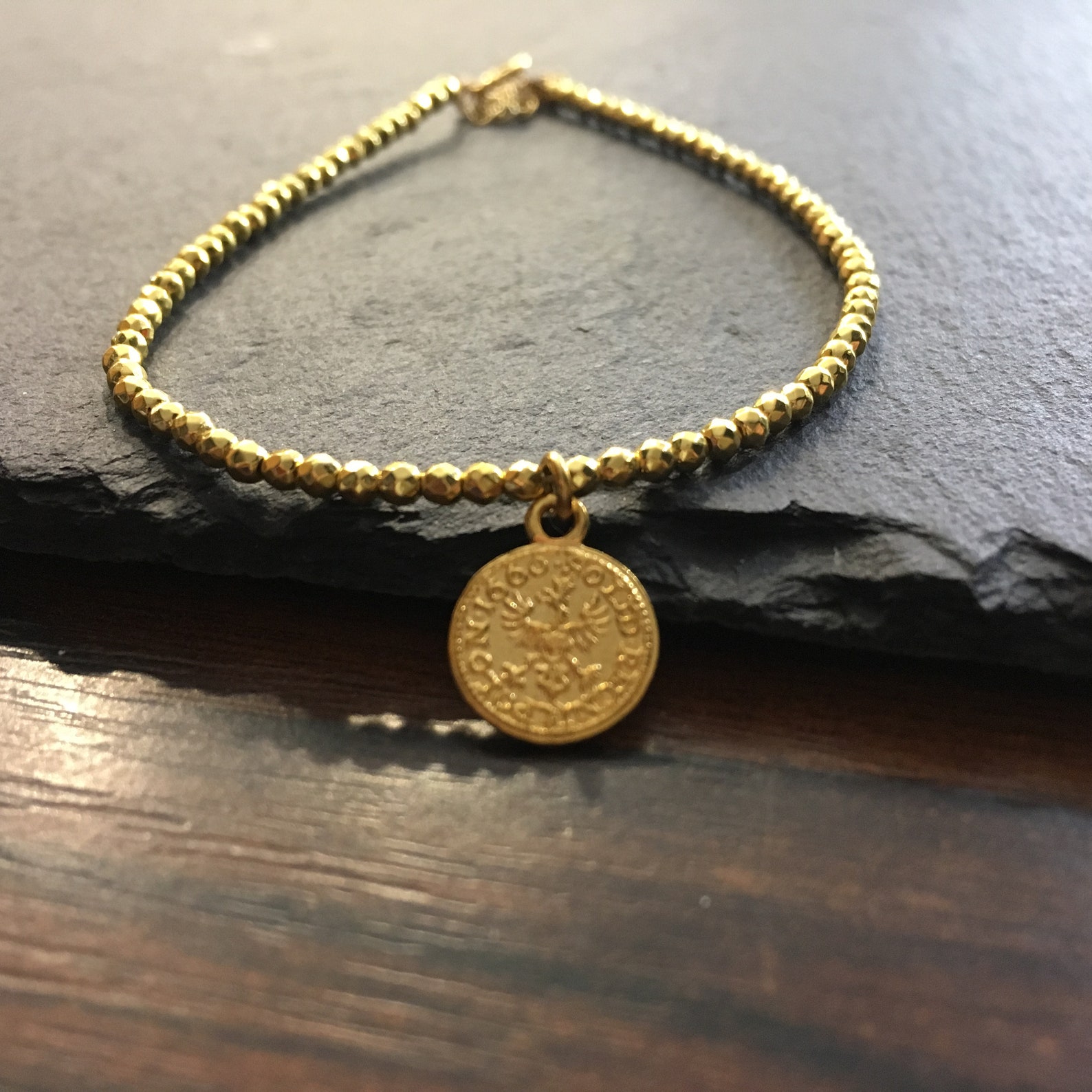 Coin Bracelet Gold Plated Coin Charm Beaded Bracelet Charm | Etsy